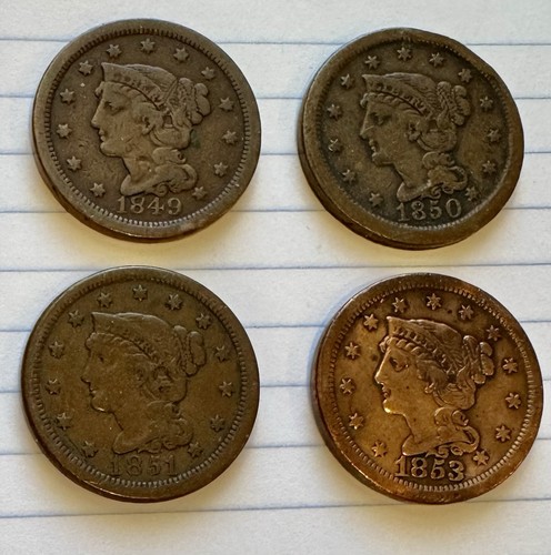 Mixed Lot of 4 Braided Hair Large Cents, 1849, 1850, 1851, 1853 F-XF | eBay