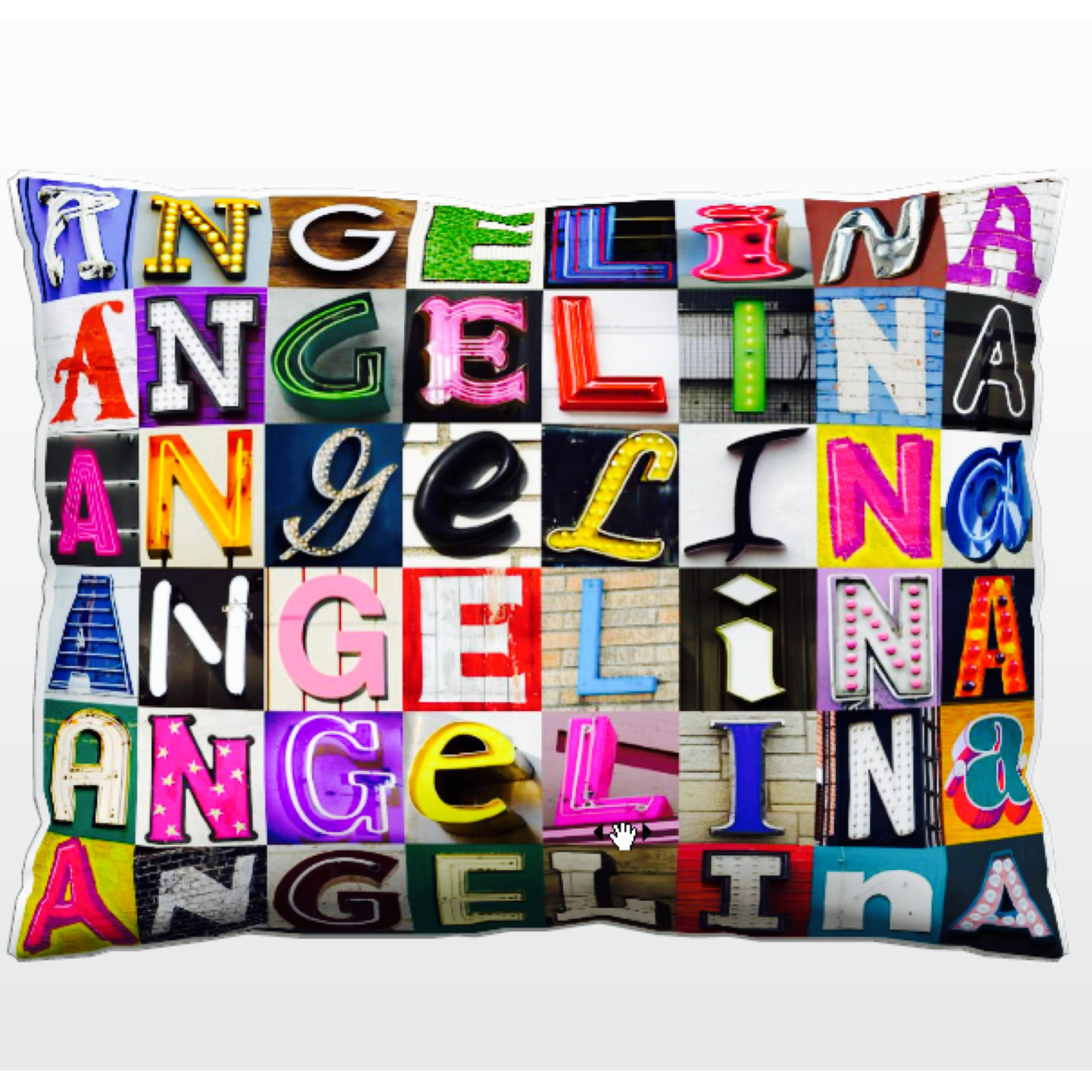 Personalized Pillow featuring the name ANGELINA in photos of sign ...