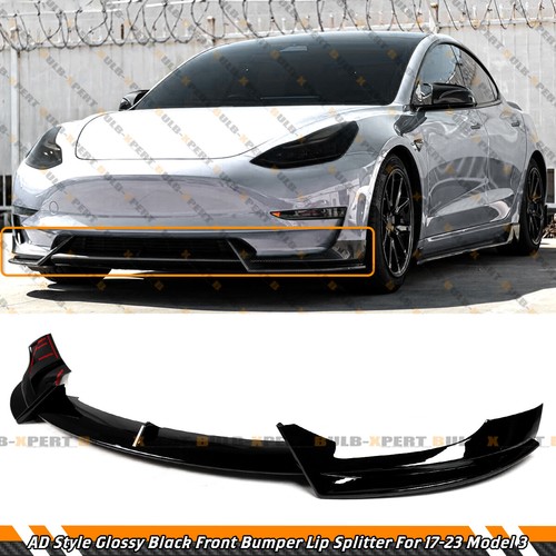 For 17-23 Tesla Model 3 AD Style Painted Glossy Black Front Bumper Lip ...