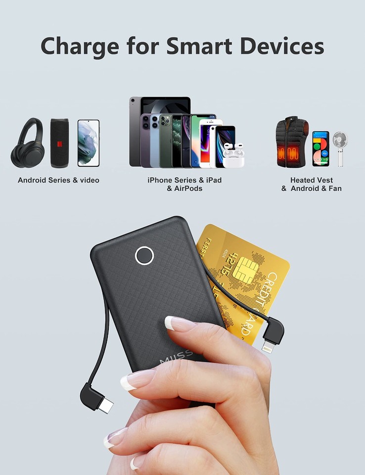 Miisso 6000mah Ultra Slim Built in Cables Power Bank Card Size USB C ...
