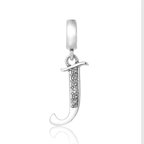 925 Sterling Silver Letter 'J' Initial Pendant Charm with Swarovski ...