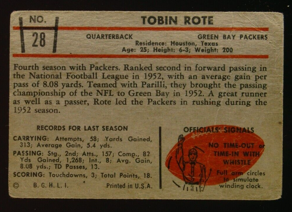 1953 Bowman #28 Tobin Rote Green Bay EX | eBay
