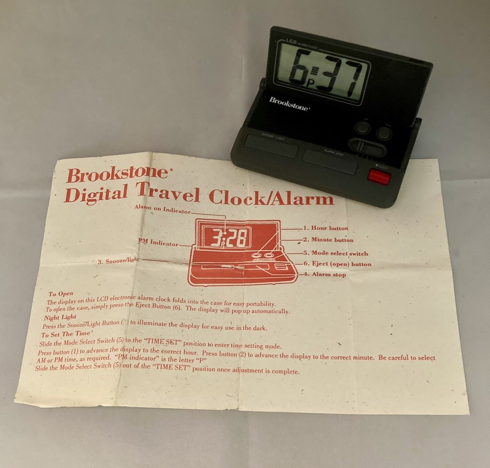Brookstone Digital Travel Clock / Alarm 4 inch works w new battery ...