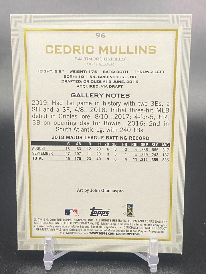 2019 Topps Gallery Rookie RC #96 Cedric Mullins Baltimore Orioles ...