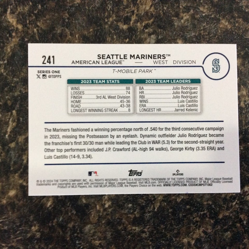 2024 Topps #241 Seattle Mariners Yellow Parallel | eBay