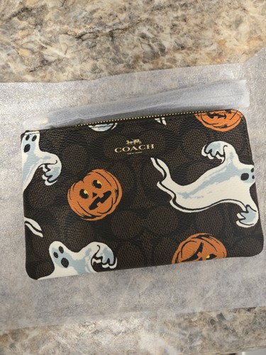 Coach Corner Zip Wristlet Bag Clutch Signature Halloween Ghost Pumpkin ...
