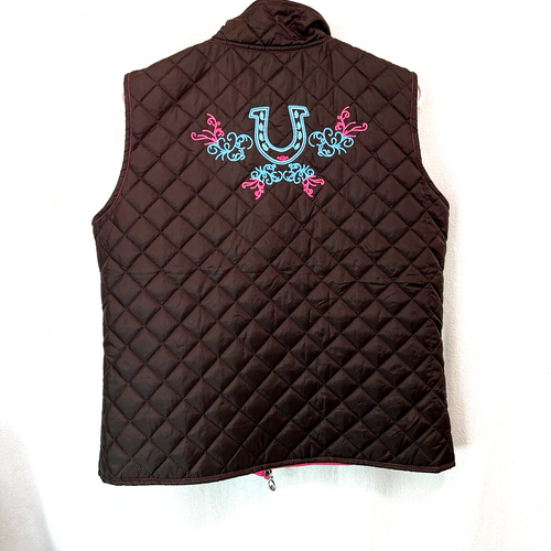 COWGIRL Vest Women L Brown Pink Quilted LEGEND Zip Western Sleeveless ...