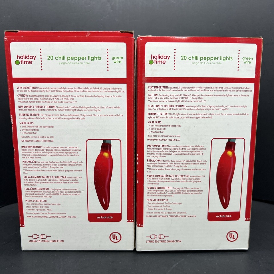 Lots Of 2 Holiday Time Red Chili Pepper Light Set String Lights 8 FT ...