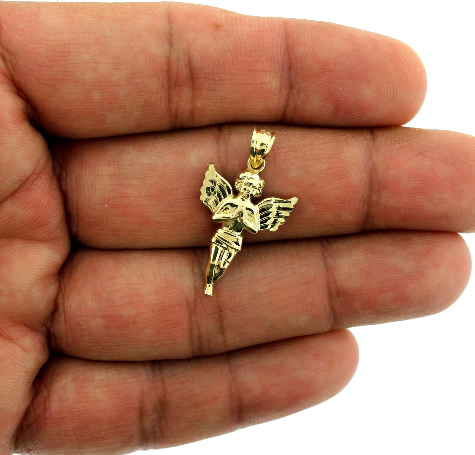 10K Yellow Gold Diamond Cut Praying Hands Angel Pendant & 2mm Rope ...