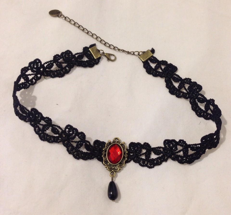 Black Lace Victorian Vintage Gothic Red Gem Chain Collar Choker ...