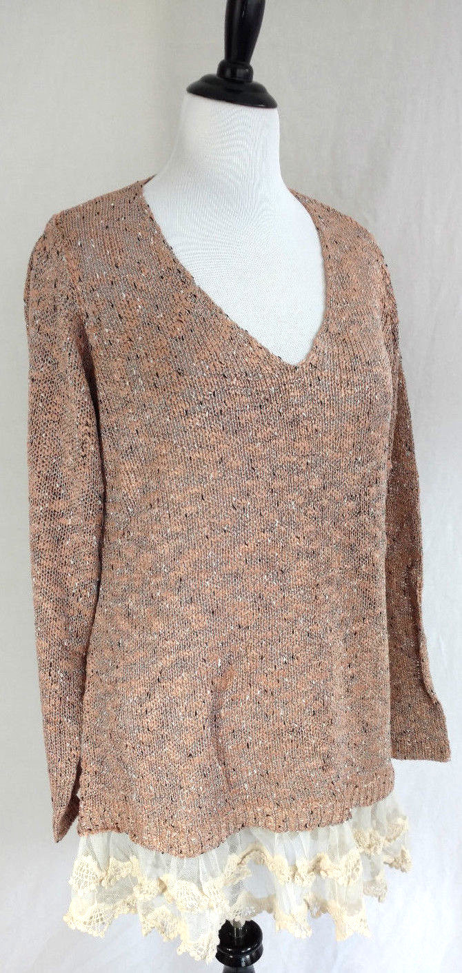 Ryu Sweater Oversized Womens Sz XL 12 14 Peach Silver Lace Boho Gypsy ...