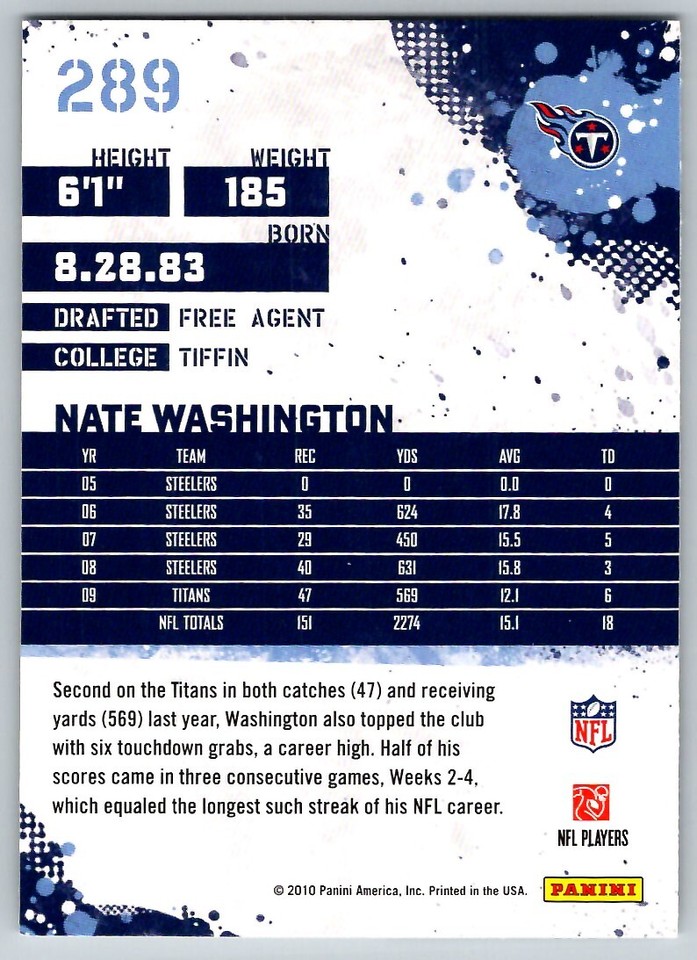 2010 SCORE NATE WASHINGTON TENNESSEE TITANS #289 | eBay