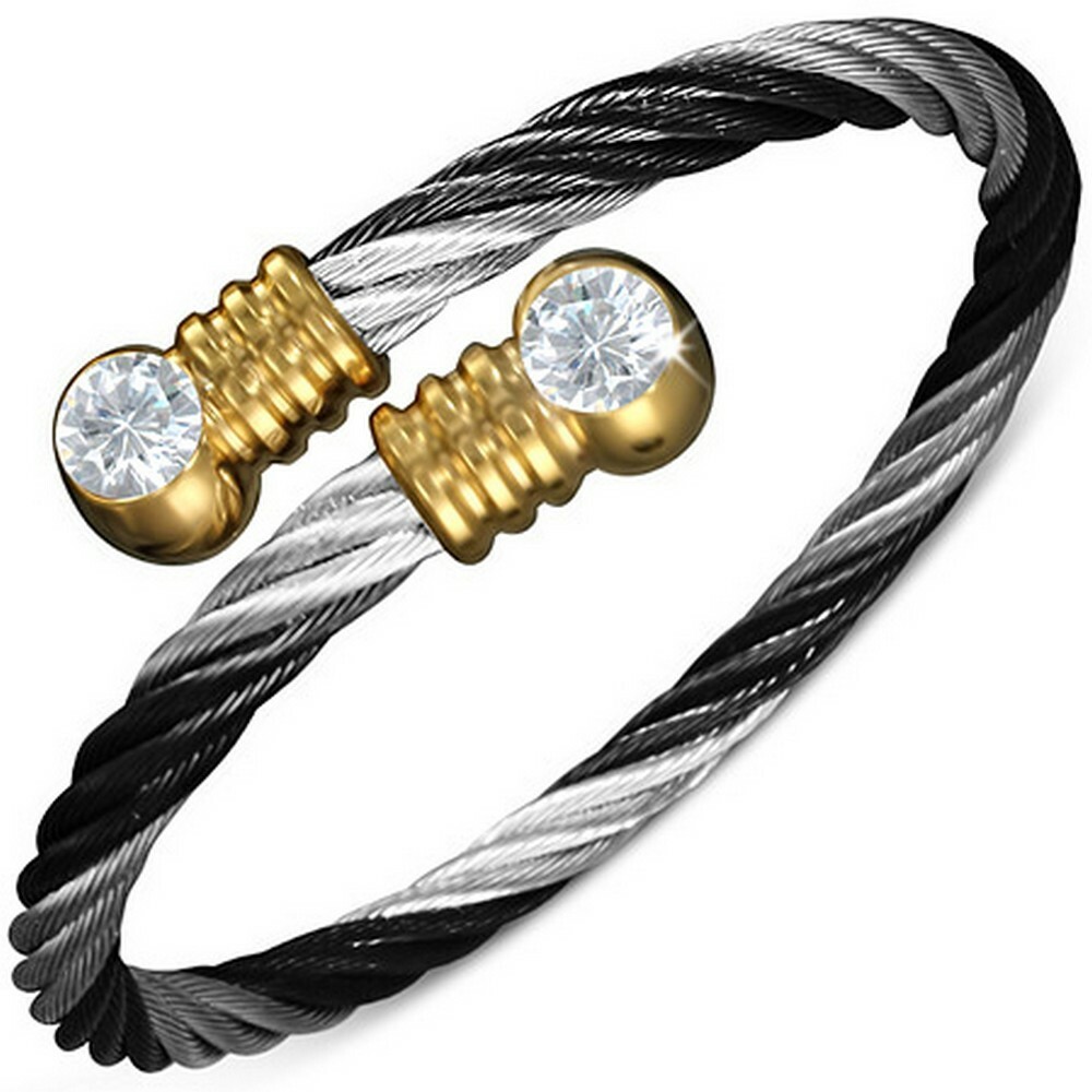 Stainless Steel Black Silver-Tone Twisted Cable Crystals CZ Womens Cuff ...