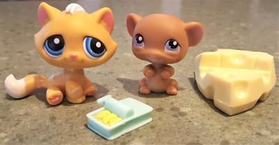 4pc LPS Lot #324 Brown Mouse~349 Striped Kitty Cat-Cheese Wedge-Sardine ...