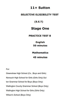 Sutton Grammar Schools 11+ Exam Selective SET Stage One Mock Exam Paper ...