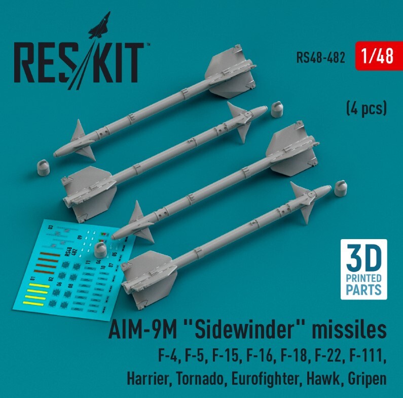 Reskit RS48-0482 1/48 AIM-9M "Sidewinder" missiles (4 pcs) F-4, F-5, F ...