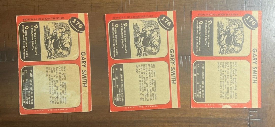 3 Cards 1968-69 O-Pee-Chee OPC #176 Gary Smith Rookie RC POOR CREASES ...