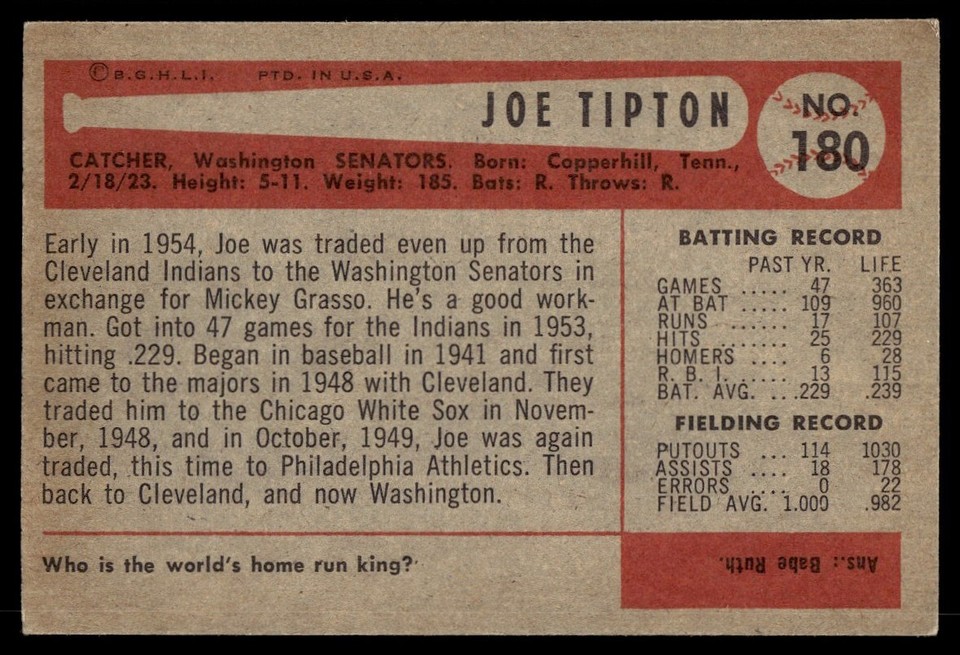 1954 Bowman Joe Tipton EX Washington Senators #180 | eBay