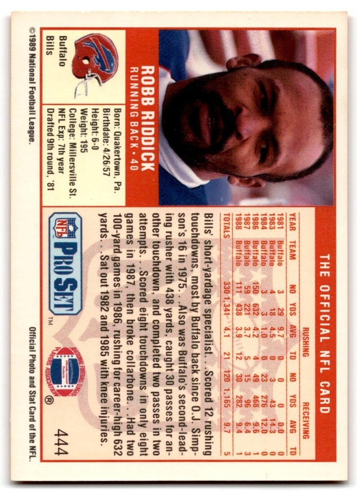 1989 Pro Set Robb Riddick Buffalo Bills #444 | eBay