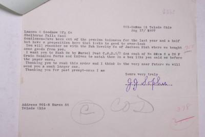 1927 Lamson Goodnow J J Sopher Toledo OH Order and Note Ephemera P267G ...
