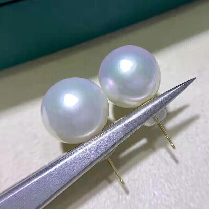 HUGE AAAAA 11-10 mm Round Natural South Sea White Pearl Earring 14Kp ...