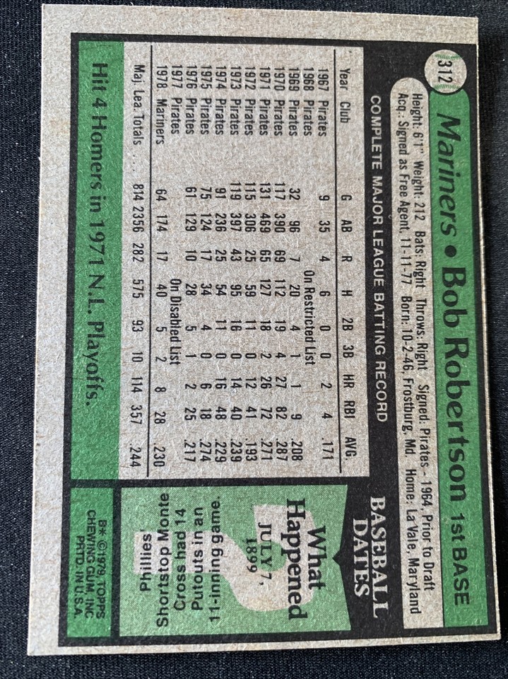 1979 Topps Baseball Card #312 Bob Robertson Seattle Mariners NMMT Free ...