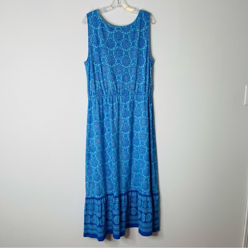 Talbots blue white paisley summer stretch preppy coastal ruffle maxi ...