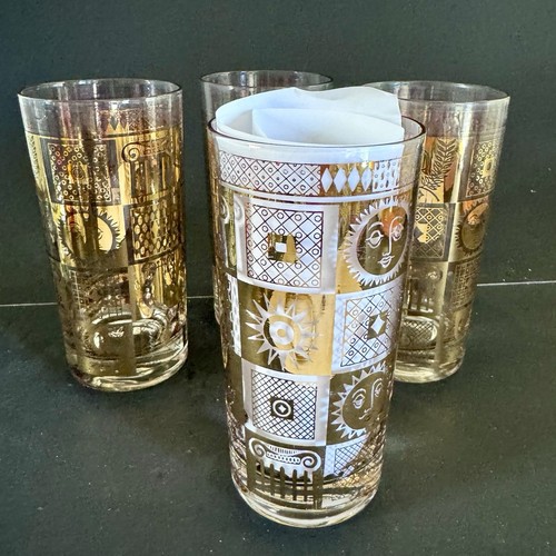 Lot 4 Georges Briard Gold CELESTE High Ball Glass Tumbler Sunburst Sun ...