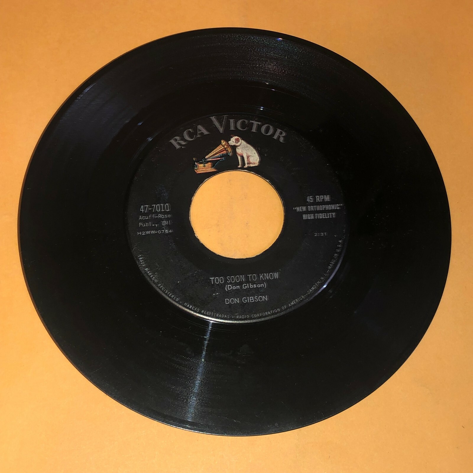 Don Gibson Blue Blue Day Too Soon To Know 45 rpm Record Vintage Vinyl ...