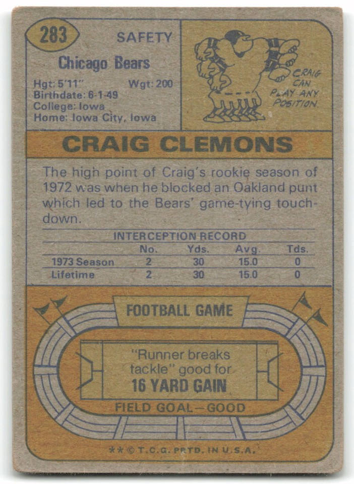 1974 Topps #283 Craig Clemons RC, Rookie Card Chicago Bears ** Creased ...
