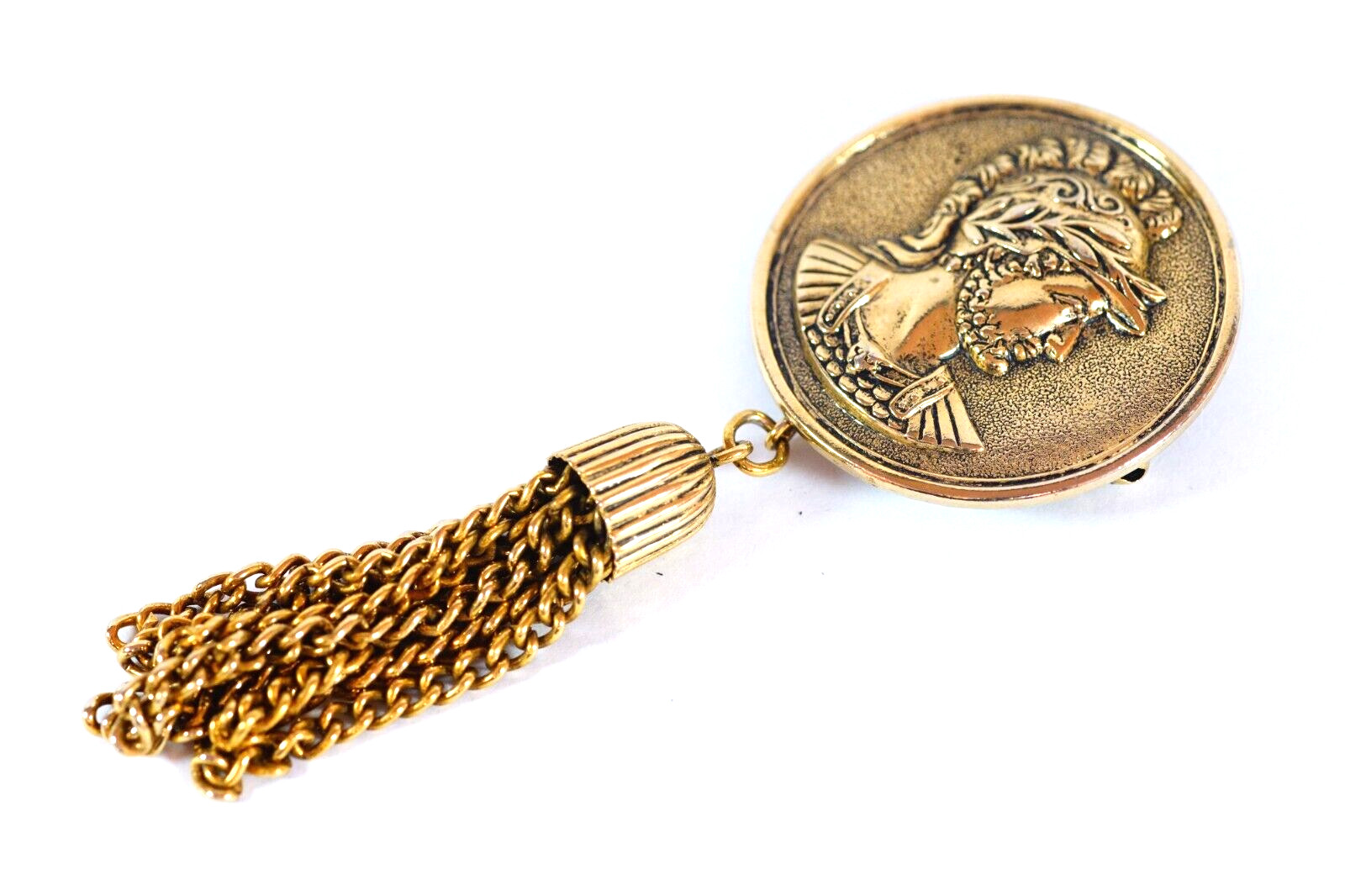 Sarah Coventry Roman Legion Metal Cameo Tassel Brooch - Gem