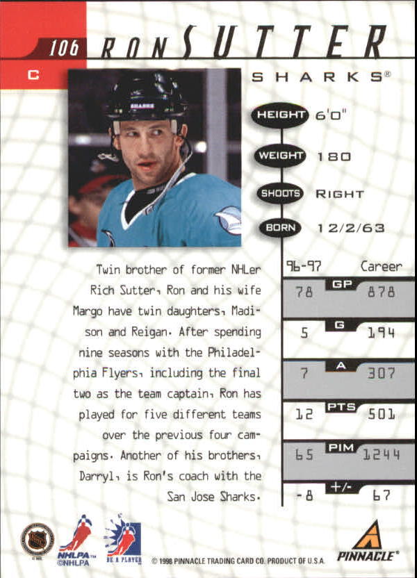 1997-98 Be A Player Autographs #106 Ron Sutter Auto Card | eBay