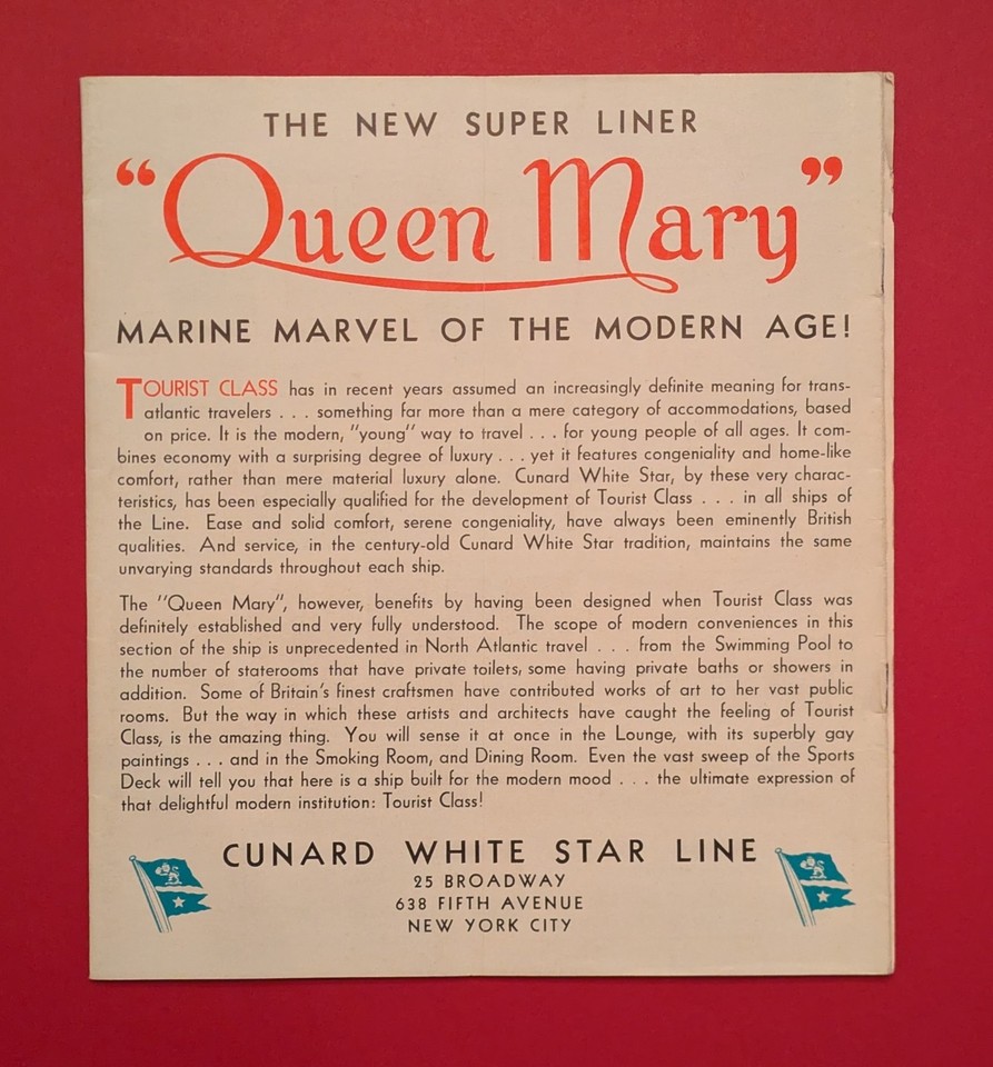 Cunard White Star Line RMS QUEEN MARY Plan of Tourist Class 1936 | eBay
