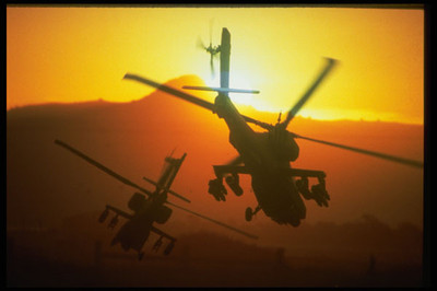414064 AH 64 Apache Two Helicopters Maneuver Toward Rising Sun A4 Photo ...