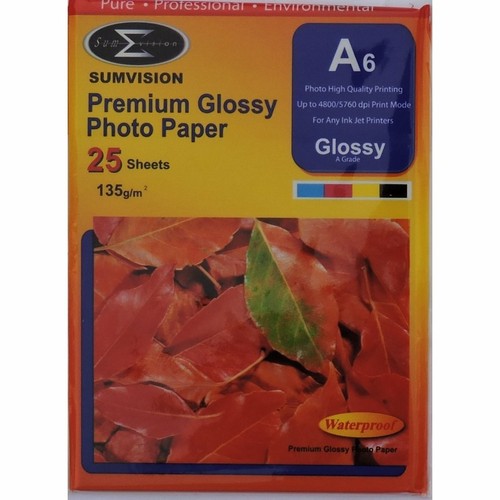 SUMVISION Premium Glossy Photo Paper Home Printing 135 GSM A6 25 Sheets ...