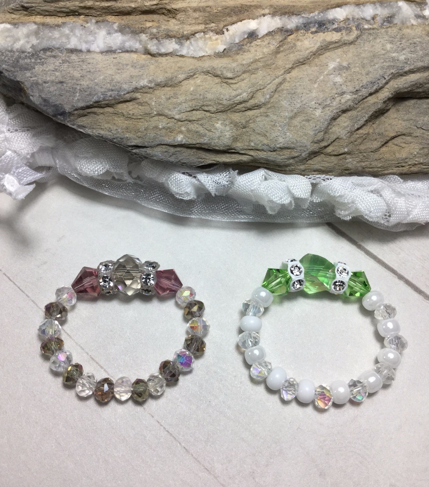 Handmade Pink/Green Crystal Stretch Finger Rings W/Swarovski Elements ...