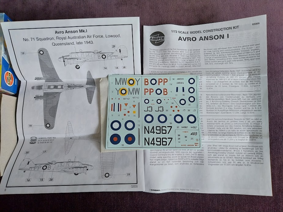 Airfix Avro Anson 1 Series 2 1:72 Model Kit. 2 x Decals. Kit No.02009 ...