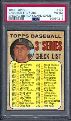 1968 Topps # 192 Checklist 197-283 Special BB Play Card Game VG EX PSA ...