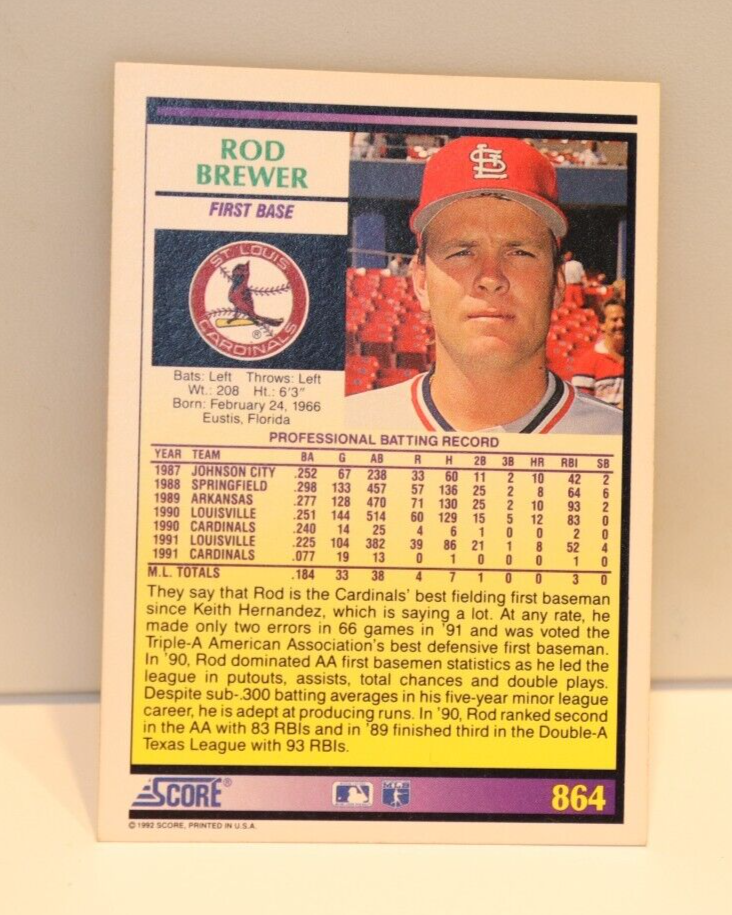 1992 Score Rod Brewer Baseball Card Hand signed Autograph Cardinals | eBay