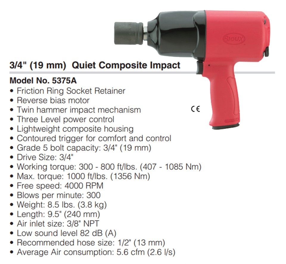 3/4"Drive Pistol Grip Composite Impact Air Wrench 1000 ft lb Max 4k ...