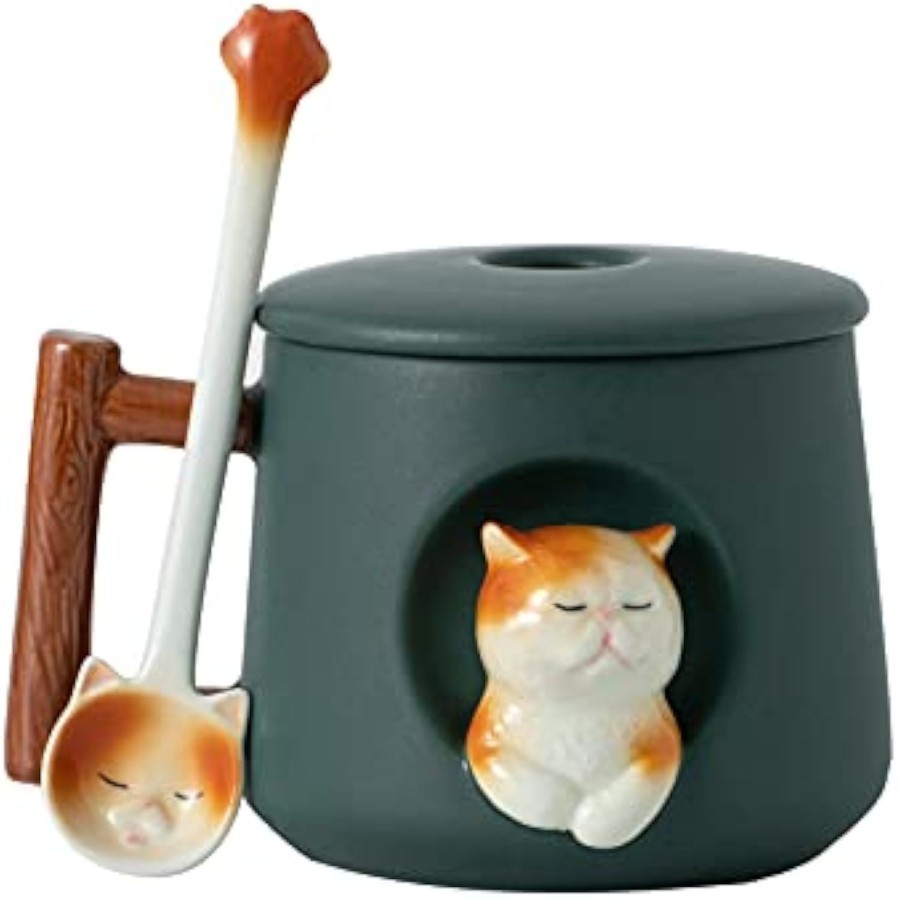 Adorable 3d ceramic cat mug with lid and spoon - perfect for coffee, t ...