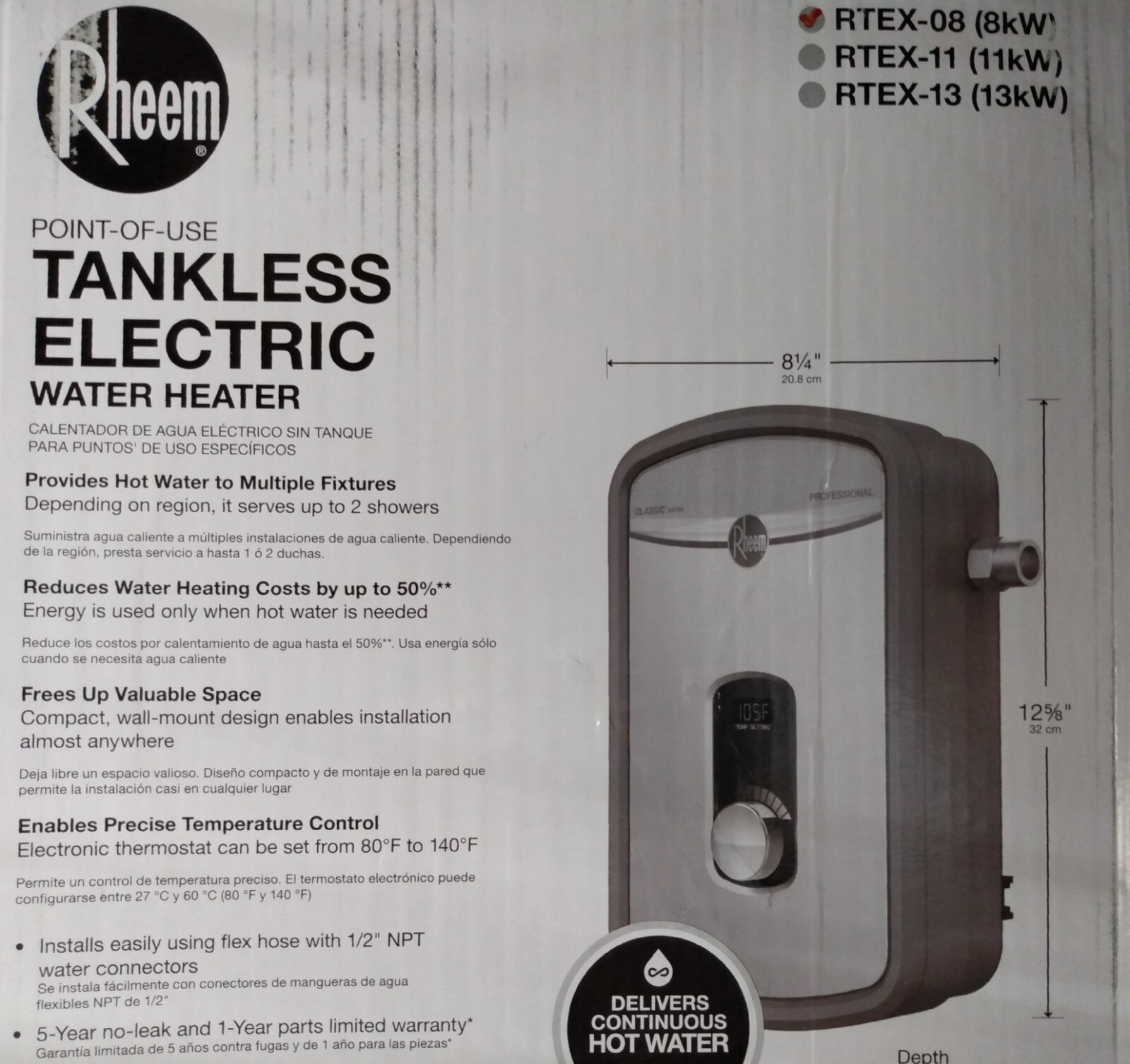 Rheem RTEX-08 Tankless Electric Water Heater - New Open Box - Ships ...