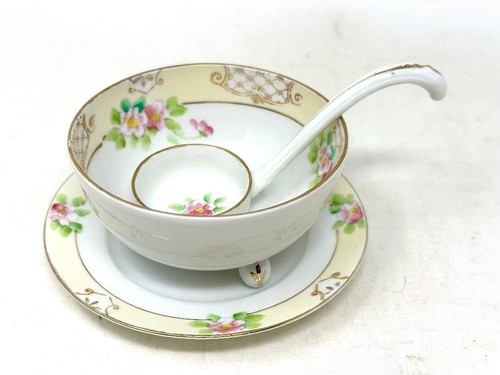 Nippon Gold Floral 3 Piece Mayo/Condiments Set Hand Painted Bowl Saucer ...