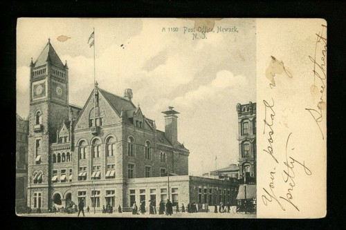 Post Office postcard New Jersey NJ Newark flag townspeople clock tower ...