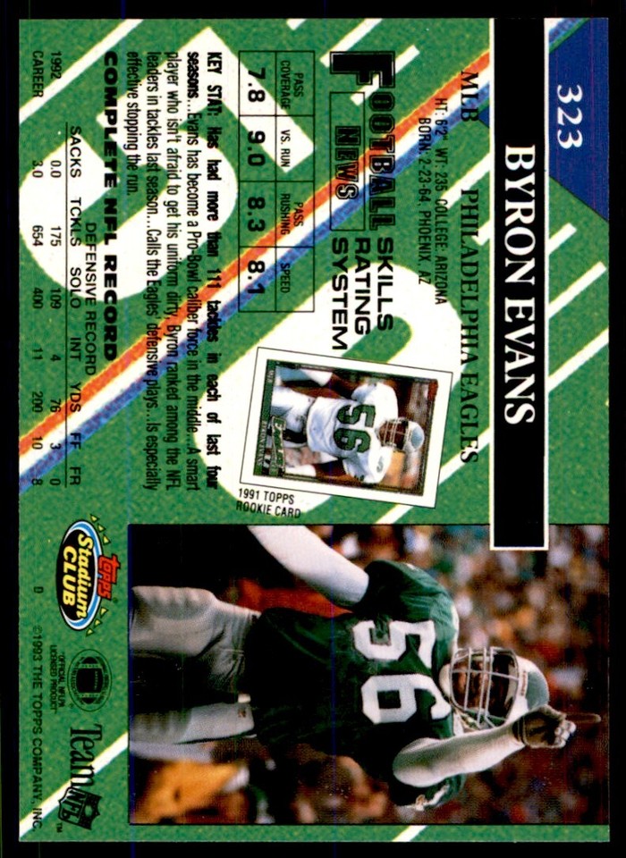 1993 STADIUM CLUB. BYRON EVANS PHILADELPHIA EAGLES #323 | eBay