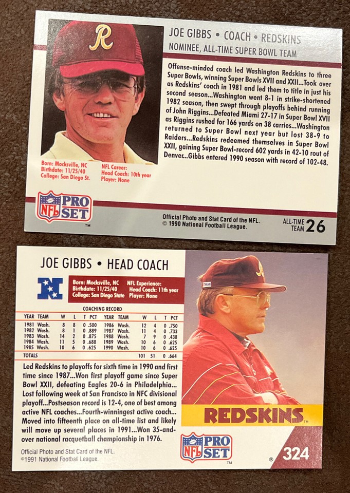 JOE GIBBS 1990 Pro Set Super Bowl #26 & 1991 Pro Set #324. Free ...