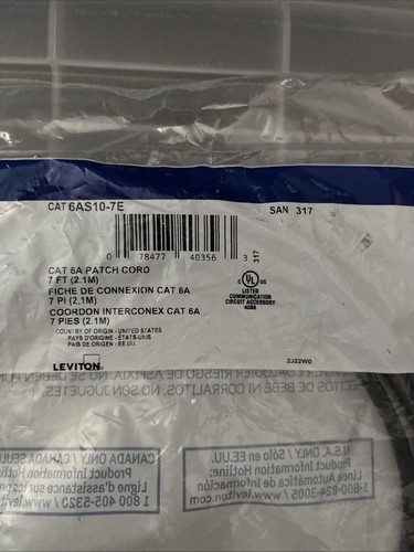 Leviton 6AS10-7E 7FT / 2.1M Cat 6A Black Patch Cable TVS Ethernet | eBay