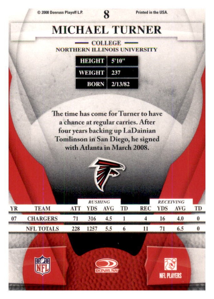 2008 Certified Michael Turner NFL Base Card PWE Set Break Falcons #8 | eBay