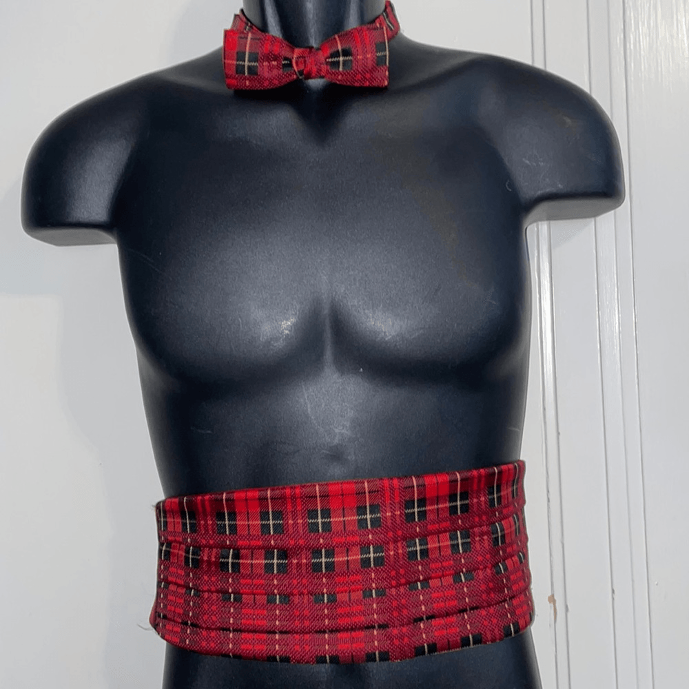 Vintage silk black & red plaid bow tie & cummerbund set | eBay