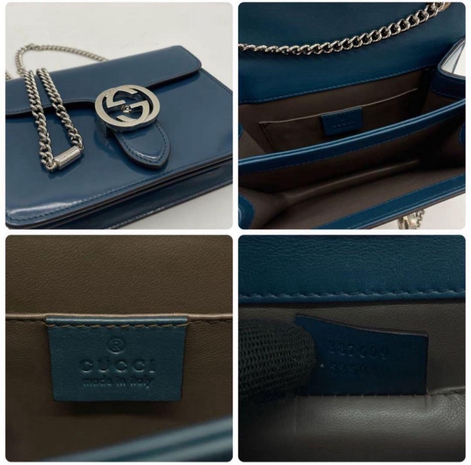 GUCCI Solid Chain Shoulder Bag Snaplock Leather Blue Silver Hardware ...